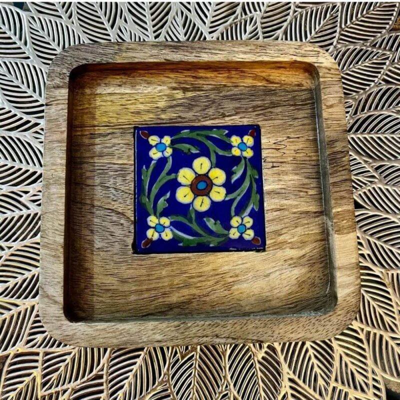 Designer Wood and Blue Pottery Tray - Rajasthani Haat